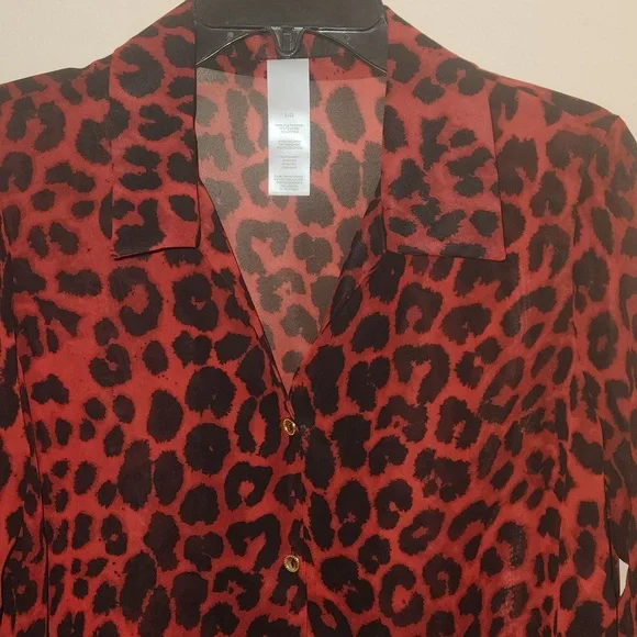 Avon | Tops | Avon Leopard Print Semi Sheer Button Down Blouse Red ...
